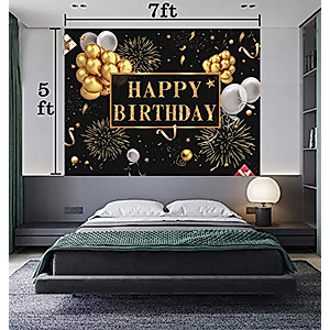 Saliyaa 7x5ft Happy Birthday Backdrop Banner, Birthday Party Decor,Black Gold Poster Photo Booth Backdrop Background Banner for Men Women 30th 40th 50th 60th 70th 80th Bday Party Supplies