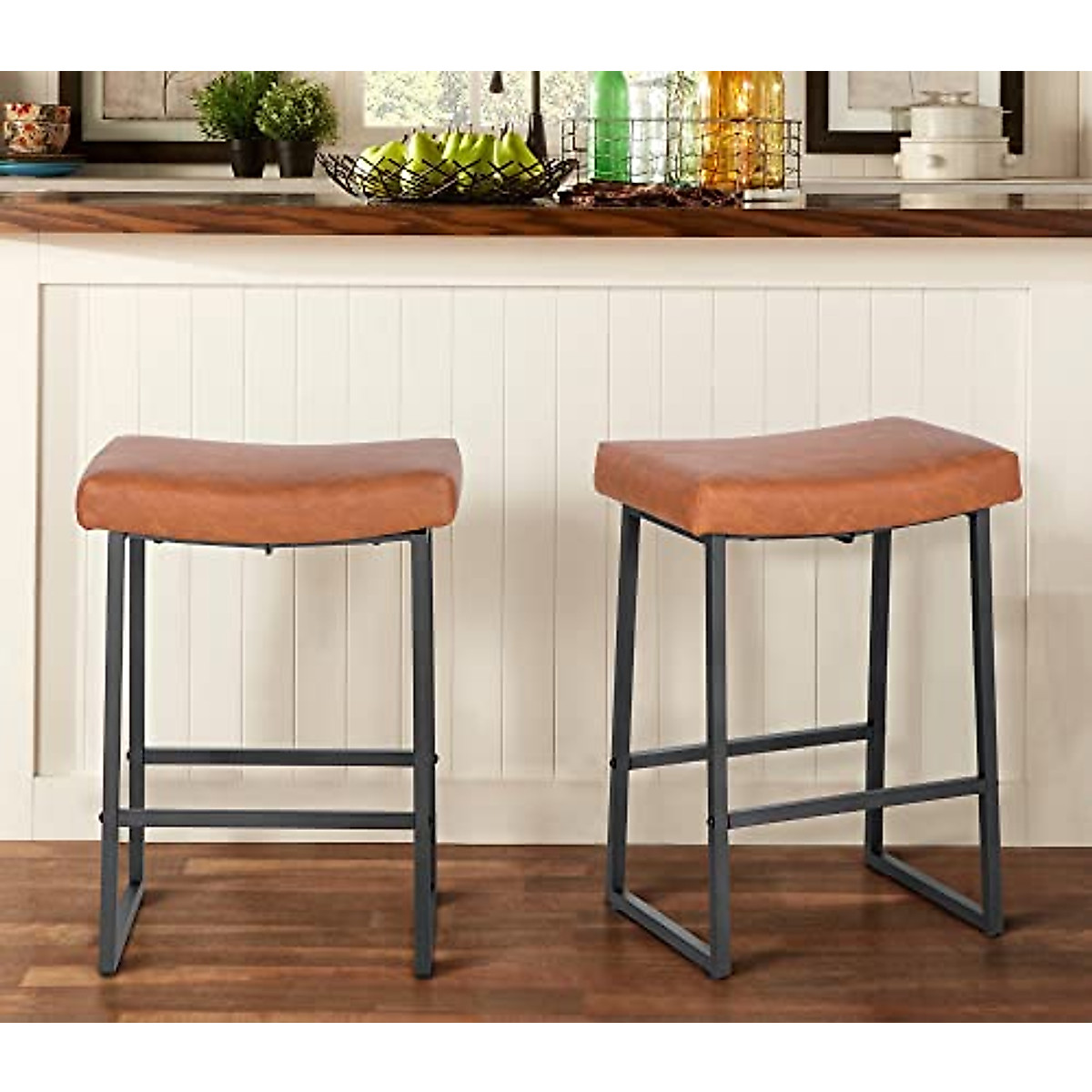 MAISON ARTS Brown Bar Stools Set of 2 Counter Height 24 Inches Saddle Stools for Kitchen Counter Backless Modern Barstools Upholstered Faux Leather Stools Farmhouse Island Chairs, Brown, 2pcs