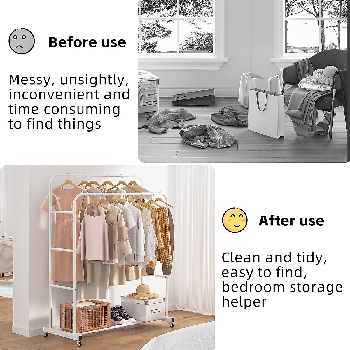 Laiensia Double Rods Clothing Rack with Wheels, Garment Rack for Hanging Clothes, Multi-functional Bedroom Clothes Rack, White