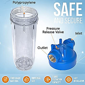 10 Inches European Design Transparent Standard Whole House Water Filter System with Presser Relief Valve, 3/4” Inlet/Outlet Brass Port and Yearly Supply (4) Sediment Cartridges 5 Micron