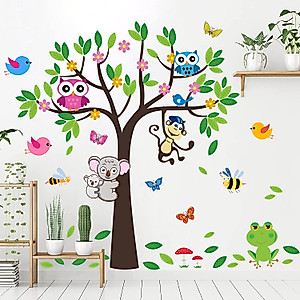 Amaonm Giant Tree With Cartoon Animals Monkey Owls Wall Sticker Removable 3D DIY Green Leaves Wall Decal Nursery Peel and Stick art Decor for Kids Baby Bedroom Home Living Room Classroom Decoration