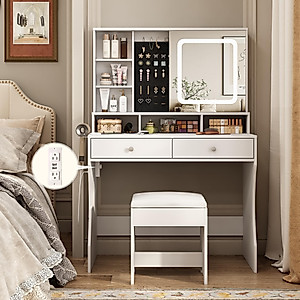 Makeup Vanity Desk with Lights, Vanity Mirror with Lights Desk and Chair, White Vanity with Lighted Mirror & Sliding Mirror & Power Outlet, Dressing Table with Mirror, 3 Color Modes, Bedroom