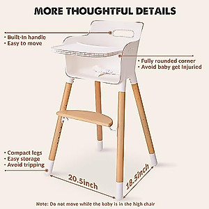 Baby High Chair, Wooden High Chairs for Babies & Toddlers, Highchair with Adjustable Footrest, Removable Tray, Ergonomic Seat Back, Easy to Assemble & Clean, 6 Months to 10 Years Old, White