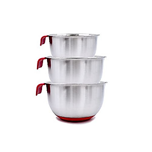 Kansara Stainless Steel Mixing Bowls, Non slip silicone base bowls with Handle, Mixing Bowl Set with Pour Spouts & Measurement Marks, Home Essentials Cooking Bowls (Size: 1QT, 2.5QT, 4QT) Red Color