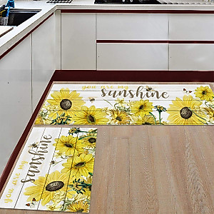 DIOMECL Sunflower 2 Piece Kitchen Rugs Anti Fatigue Mat Set Non Slip Cushioned Standing Kitchen Runner Mats 15.7x23.6inch+15.7x47.2inch, Fresh Sunflowers Bees on Wooden Board