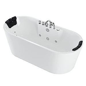 Empava 67 in. Acrylic Freestanding Tub Hydromassage Gracefully Oval Shaped Whirlpool 8 Water Jets Soaking SPA, Double-Ended Massage Bathtub with 2 Pillows , White