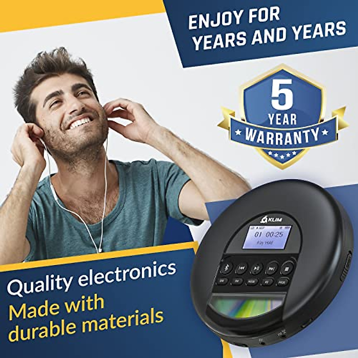 KLIM Nomad - New 2023 - Portable CD Player Walkman with Long-Lasting Battery - with Headphones - Radio FM - Compatible MP3 CD Player Portable - TF Card Radio FM AM Bluetooth - Ideal for Cars - Black