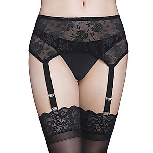 GARGALA Lace Garter Belt Sexy Black Suspenders for Women Lingerie Plus Size with 4 Vintage Metal Clips for Stocking (M)