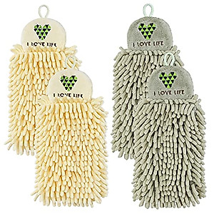 4 Pack Chenille Hand Towel with Hanging Loops, Soft Absorbent Microfiber Embroidery Hanging Hand Towels Plush Quick-Drying Chenille Ball Hand Towels for Bathroom Kitchen (Light Green + Beige)