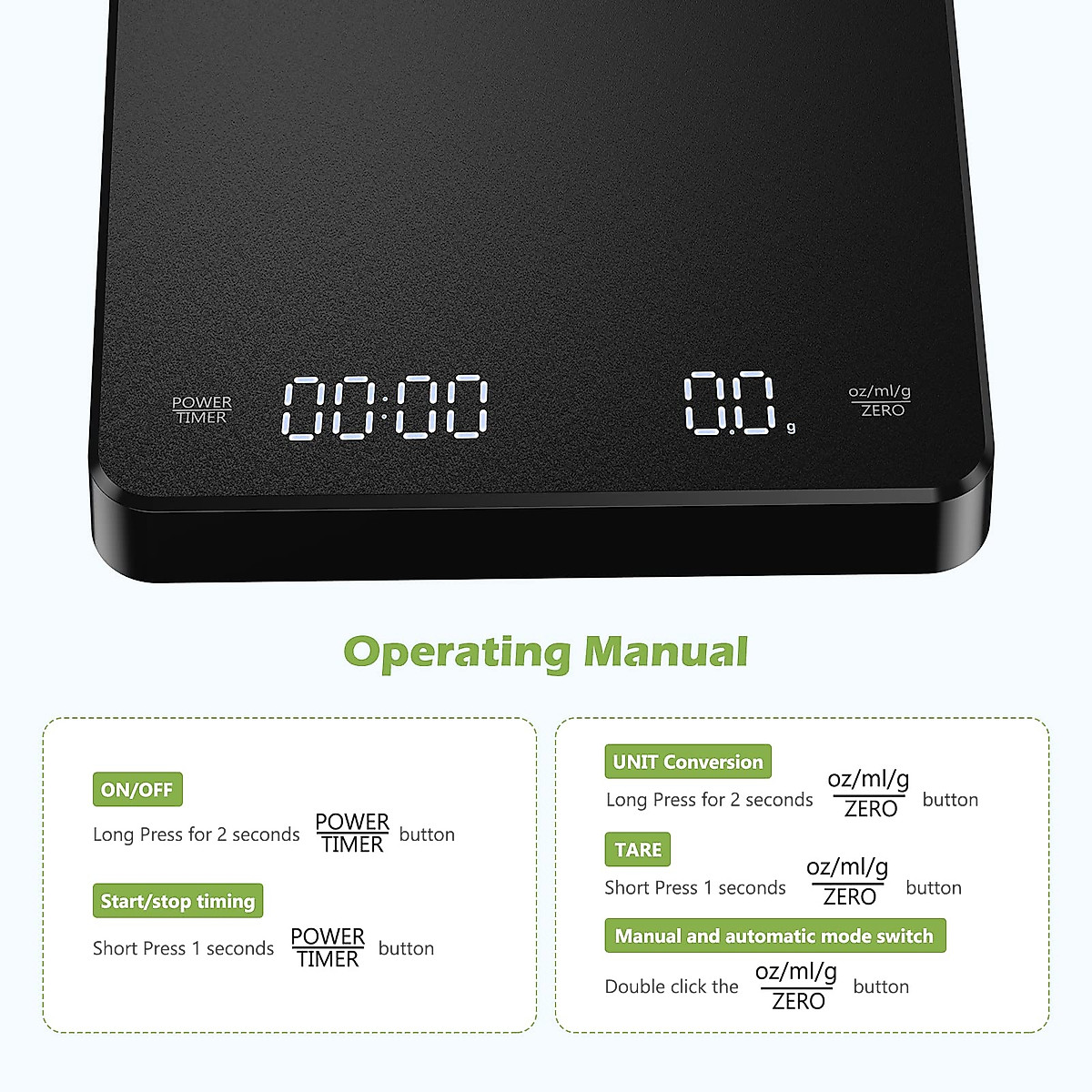 KeeKit Digital Coffee Scale with Timer, 3Kg/0.1g Rechargeable Kitchen Scale with Invisible Screen, Food Scale with 3 Units, PCS, Tare & Auto No/Off, Measures in Grams, Ounces, and Milliliter