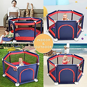 GrowthPic Baby Playpen, Playard for Baby - Safety Play Pen for Infant and Baby, with Sturdy Bases, Anti-Skid Pads, Lightweight, Navy Blue, 6-Panel