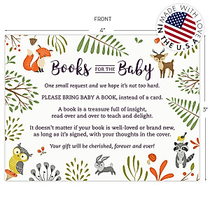 Woodland Baby Shower Book Request Cards with Owl and Forest Animals. Pack of 50. Gender-Neutral, Unisex Design Suitable for Boy or Girl.