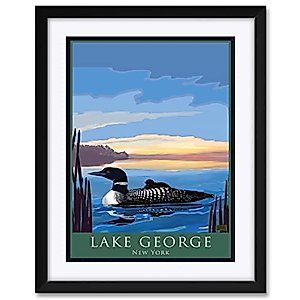 Lake George New York Loon & Chick Professionally Framed & Matted Art Print from Illustration by Artist Joanne Kollman Framed Art Size: 24" x 30"