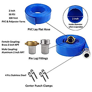 2" x 100ft Blue PVC Backwash Hose for Swimming Pools, Heavy Duty Discharge Hose Reinforced Pool Drain Hose with Aluminum Pin Lug Fittings