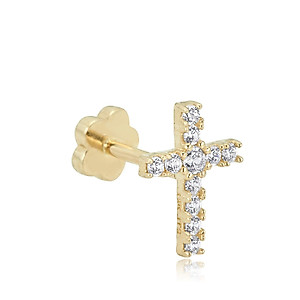 AVORA 14K Yellow Gold Simulated Diamond CZ Cross Cartilage Piercing Flat Back Earring Body Jewelry (18 Gauge)