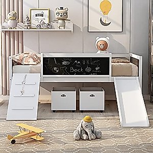 CITYLIGHT Low Loft Bed with Slide,Wood Twin Loft Bed for Kids,Loft Bed Twin with 2 Toy Boxes and Decorative Guardrail Chalkboard, Junior Loft Bed Frame for Girls Boys Toddler,White