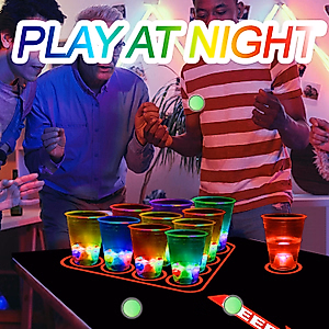 noveltymeme 45 PCS Glow in the Dark Beer Pong Table Mat, Drinking Game Pong Game with Party Cups, Glow Pongs for Indoor Outdoor Party Game Party Supplies Decoration Flashing&Red&Blue