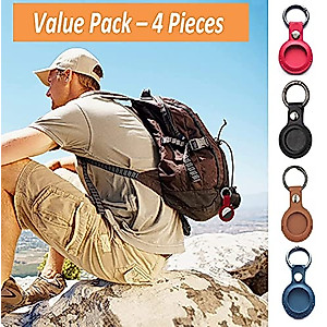 AirTag Keychain Holder Leather Case - Value Pack 4 Pcs Apple Air Tag Holder Key Ring Compatible for Anti-Lost Full Signal Tracking Locator Child & Elder Positioning Finder & Dog Collar by G2eComme