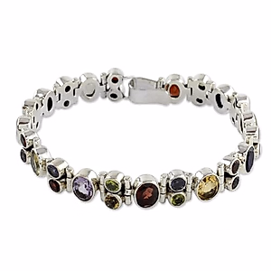 NOVICA Artisan Handmade Multigemstone Link Bracelet Sterling Silver Peridot Iolite Green Multicolor Purple Red Yellow India Birthstone [7.5 in L x 0.4 in W] ' Sparkle'
