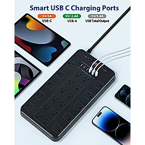 Power Strip Surge Protector, FDTEK Multi Plug Outlet with 22 AC Outlets and 6 USB 1875W/15A 2100 Joules 6.5Ft Flat Plug Extension Cord Heavy Duty Large Power Strip for Home, Office, Dorm, Gaming Room