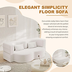 78" W Folding Sofa Bed, Modern Convertible Sofa Couch with Two Pillows, 15" H Full Size Sofa Sleeper Couch, Teddy Cloud Sofa with Foam Filled, No Assembly Required, for Living Room, Apartment - Beige