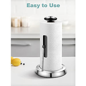 SMARTAKE Standing Paper Towel Holder, Rustproof Paper Towel Organizer with Tension Arm, Modern Toilet Paper Holder with Weighted Base, Roll Dispenser for Kitchen Countertop Home Dining Table, Silver