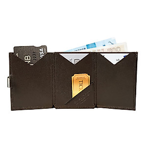 EXENTRI Trifold Wallets w/RFID in Brown - Premium Leather w/Stainless Steel Locking Clip