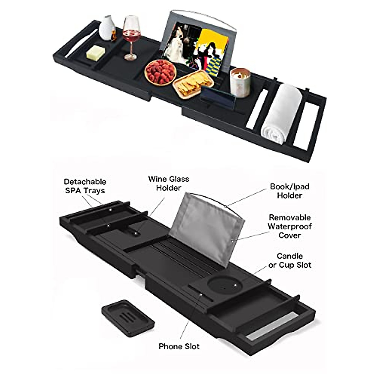 ZHTYRE Bathtub Tray Bathtub Shelf Extendable Bathtub Shelf with Bamboo Bookshelf and soap Tray 1 or 2 Person Bath and Bed Tray (Black) (Black)