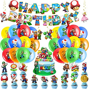 49 PCS Marrio Birthday Party Decorations, Marrio Birthday Decorations for Boys Girls, Cute Marrio Party Supplies for Kids with Birthday Banner, Balloons, Cake Toppers, Hanging swirls