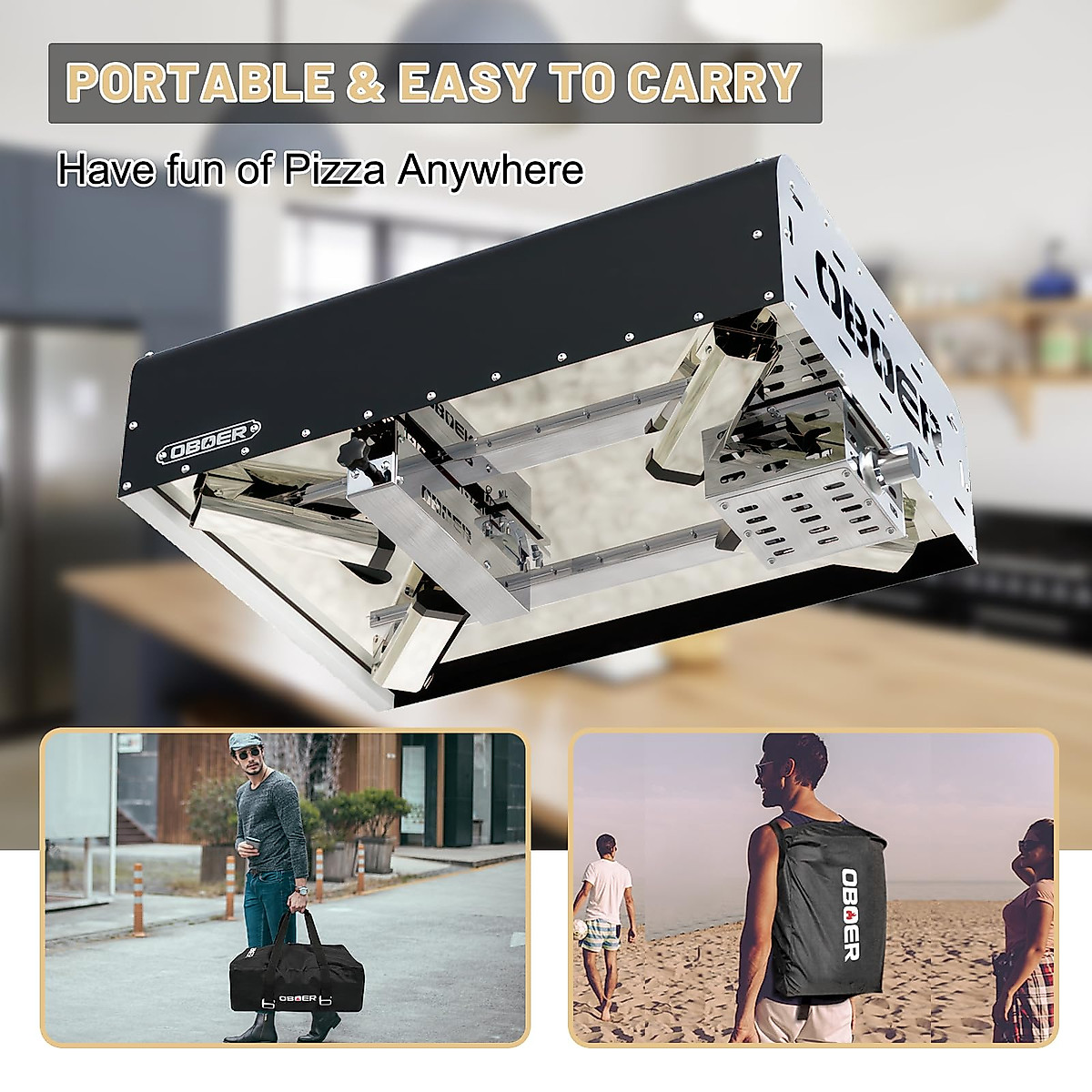 Portable Pizza Oven Outdoor,13" Rotatable Pizza Ovens, Upgrade Wood Fired Pizza Oven Low Smoke (Modern Black, 16'' Gas Oven)