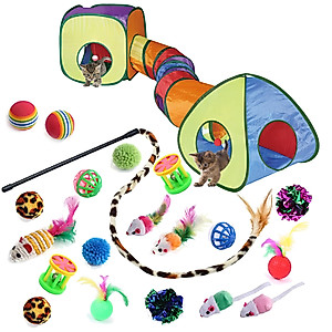 GONPETGP Cat Toys for Indoor Cats, Kitten Toys Set, Collapsible Pet Tunnel Cube Tent Toys, Interactive Cat Feather Teaser Wand Cat Bell Balls Fuzzy Ball Springs Mouse Toys for Cat Kitty (Rainbow)
