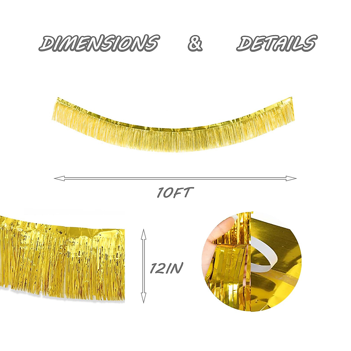 Gold Foil Fringe Garland 10FT 2packs, Metallic Foil Tinsel Fringe Banners for Parade Float Decorations Wedding, Birthday Party Graduation (Two Gold)