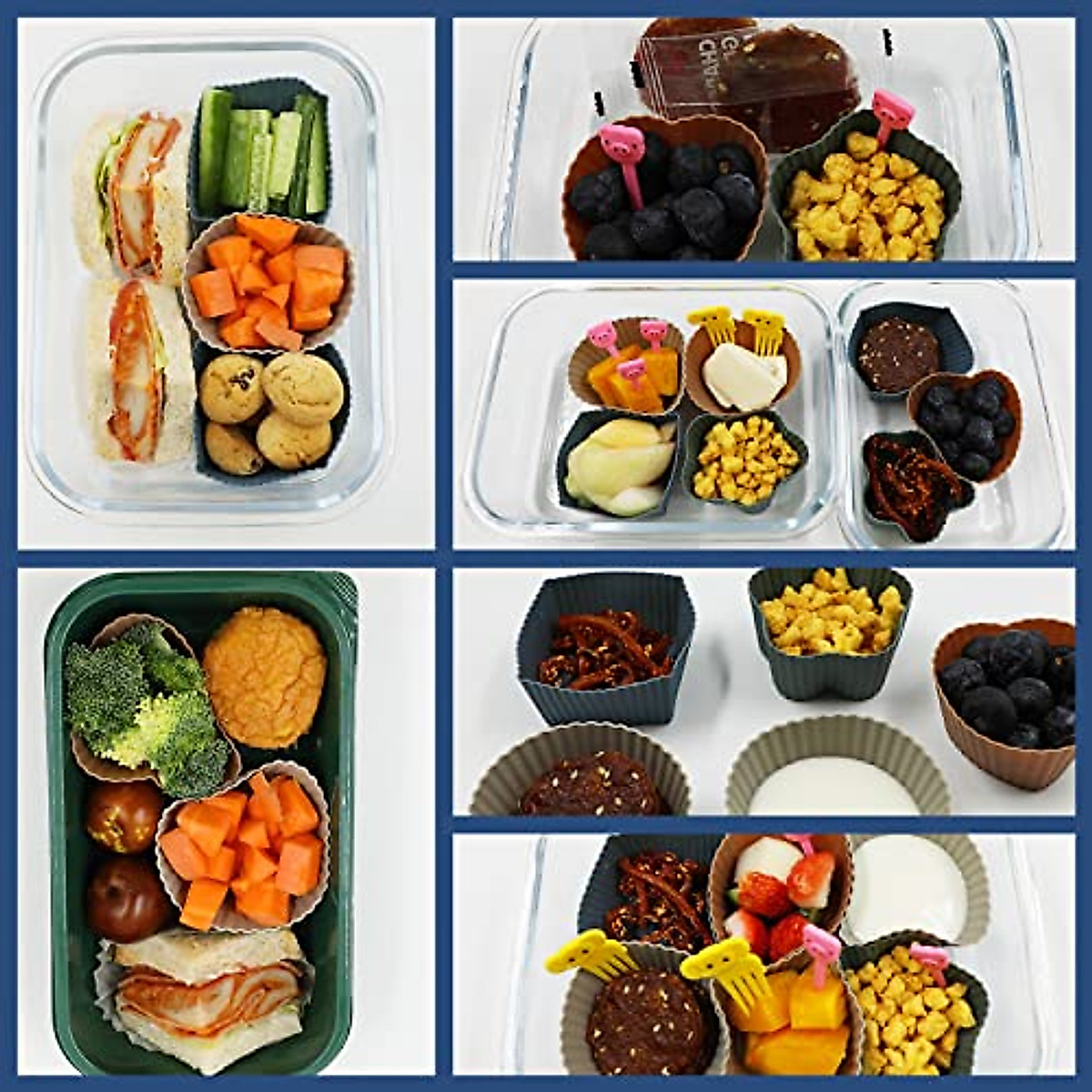 Gpurplebud Silicone Lunch Box Dividers - 45 PCS Bento Box Accessories Set 40 Silicone Bento Box Inserts with 5 Food Fruit Picks Cupcake Liners Reusable Lunch Accessories (4 Colors)