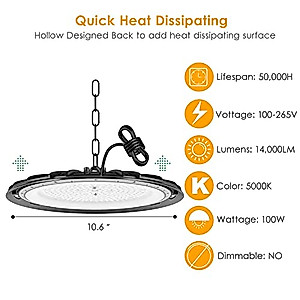 Brillirare LED UFO High Bay Light, 100W 14,000LM Daylight 5000K Shop Light Fixture, IP65 Waterproof 400W HID Equiv. with Hanging Hook&Safe Rope, Commercial Grade Lighting for Warehouse, Workshop