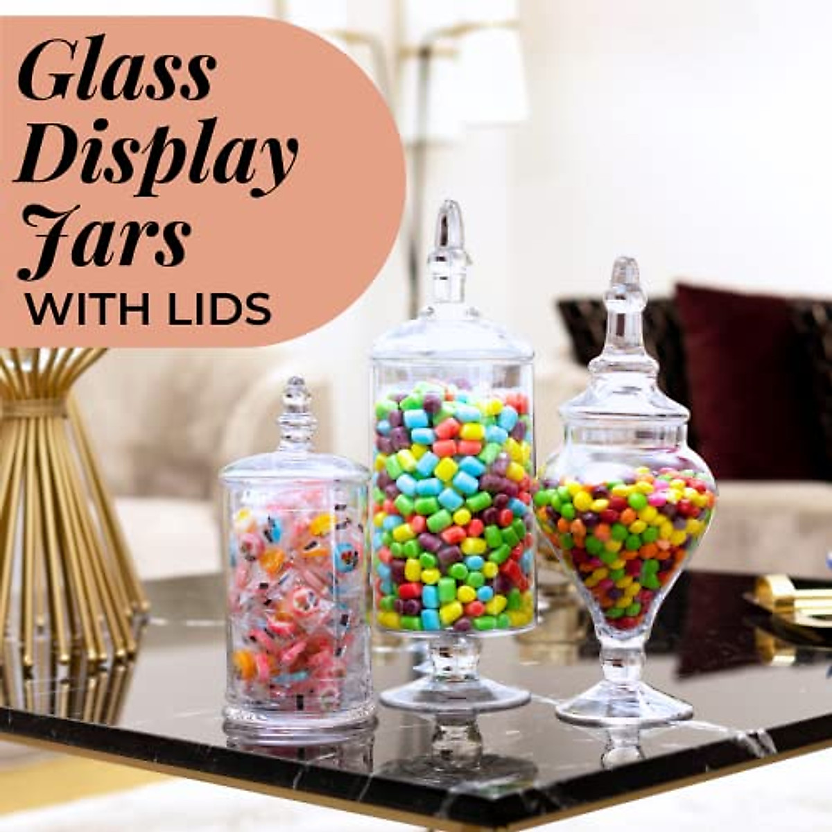 Mantello Glass Apothecary Jars with Lids- Set of 3 Jars for Candy Buffet - Apothecary Jars for Bathroom, Candy Bar, Kitchen, Large