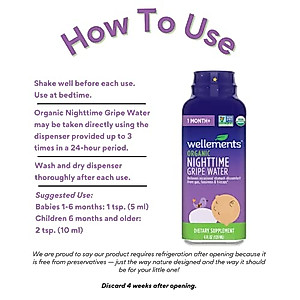 Wellements Organic Nighttime Gripe Water for Babies 1 Month+ (4 Fl Oz) - Baby Gripe Water for Bedtime Relief Gas, Colic & Fussiness - Herbs Promote a Peaceful Night’s Sleep - USDA Certified & Non GMO