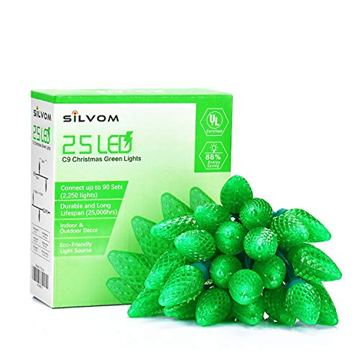 Silvom Green Christmas Lights, 25 LED Festive Lights, 16ft Faceted C9 String Lights, 120V UL Certified Indoor & Outdoor String Lights for Easter, Tree, Garden, Party, Patio, Fence, Holiday Decoration