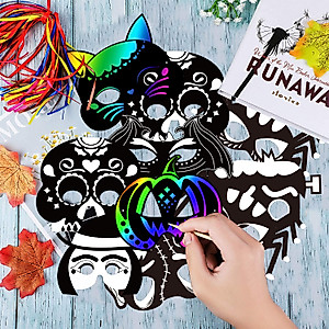 Natonhi 32Pcs Halloween Crafts for Kids Rainbow Scratch Mask, Halloween Games Scratch Art and Craft Kit Halloween Classroom Activities Favors Party Supplies