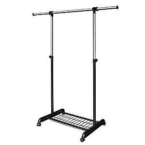 LiaMeE Free Standing Clothing Rack on Wheels, Adjustable Garment Rack & Organizer, Extendable Rolling Clothes Rack with Shelf & Grid, Easy Assembly Standard Rod for Hanging Clothes, Black & Chrome