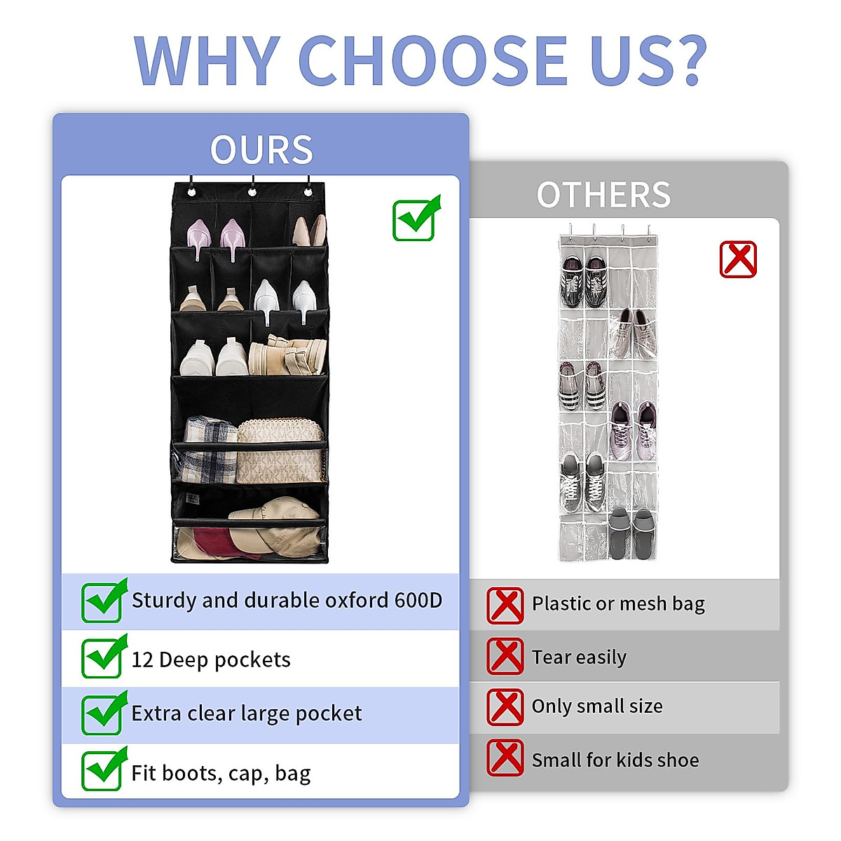 FENTEC 2 Pack Over the Door Shoe Organizers, Hanging Shoe Organizers with Large Pocket Shoe Holder Hanging Shoe Rack for Closet Shoe Organizer for Wall, Over Door Organizer with 30 Pockets, Black