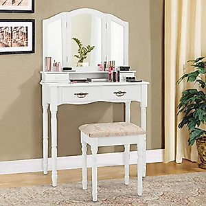 Giantex Vanity Set with Tri-Folding Mirror, Makeup Dressing Table with 4 Drawers and Storage Shelf, Modern Bedroom Bathroom Makeup Vanity Desk with Cushioned Stool for Girls Women (White)