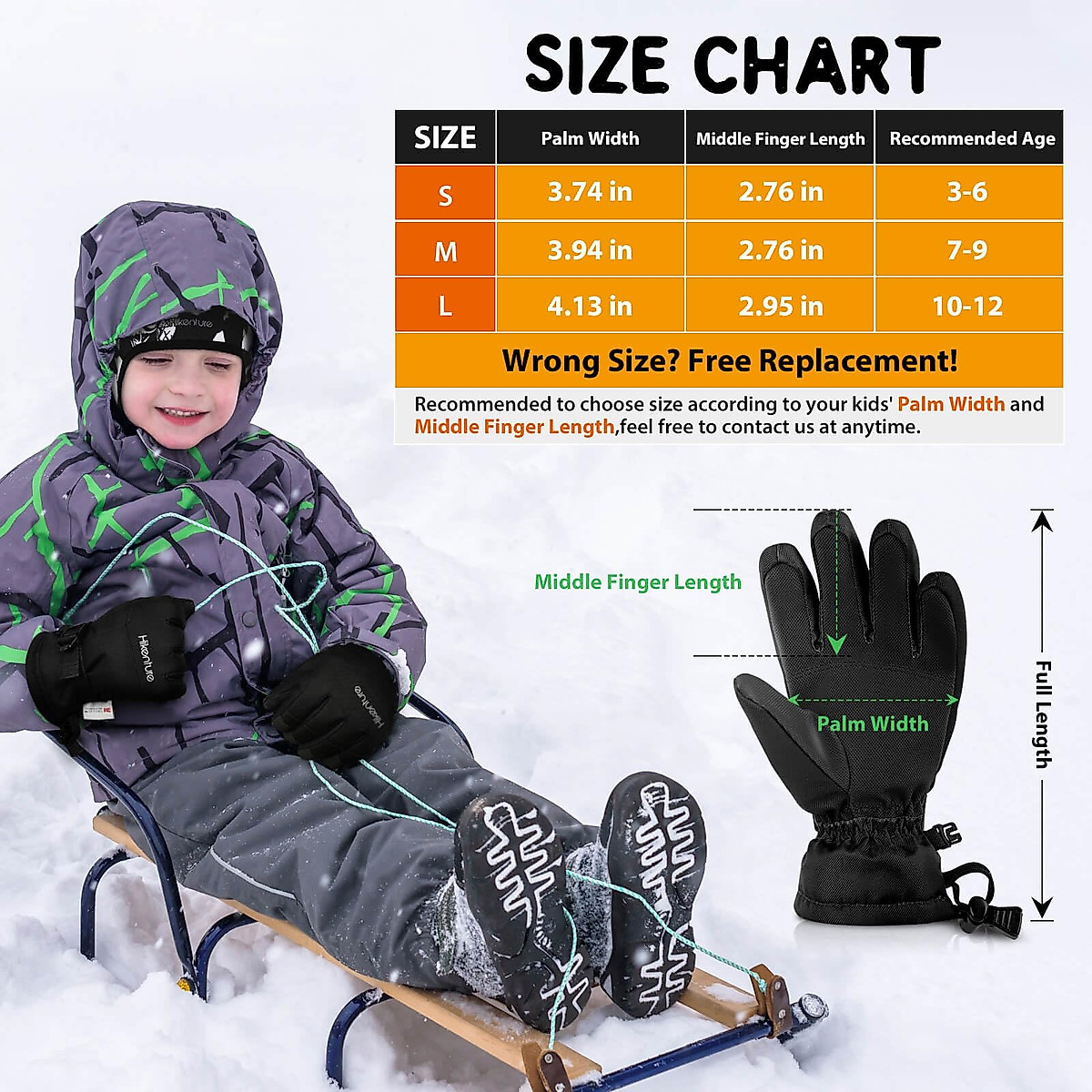 Hikenture Waterproof Kids Snow Gloves,3M Thinsulate Winter Gloves for Boys &Girls,Insulated Ski Gloves for Youth,Childrens,Age 10-12(Black L)
