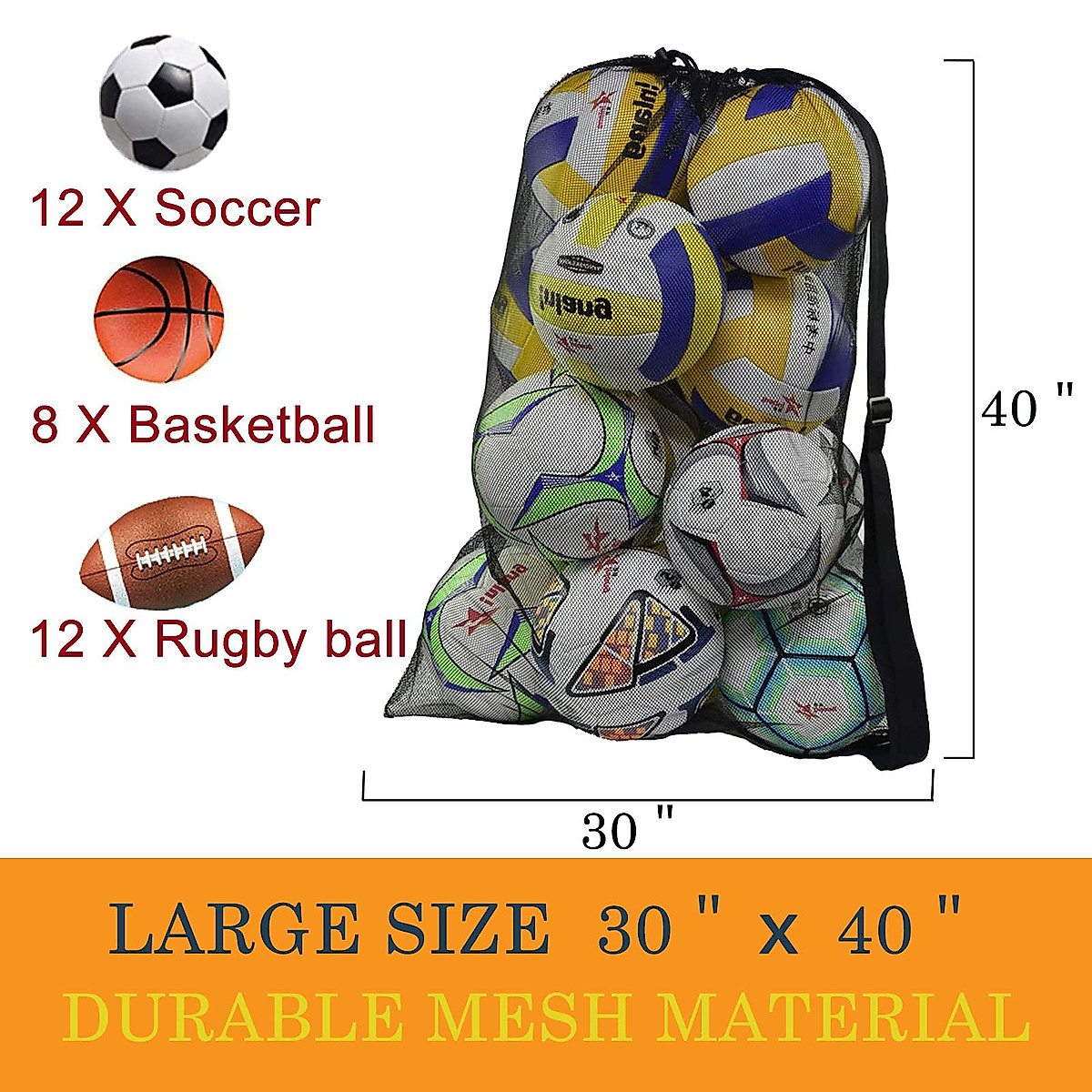 Rudmox Heavy Duty Mesh Ball Bag, Drawstring Sport Equipment Storage Bag for Basketball, Soccer, Sports Beach and Swimming Gears with Adjustable Shoulder Strap Outdoor Organizer (Black-XL)