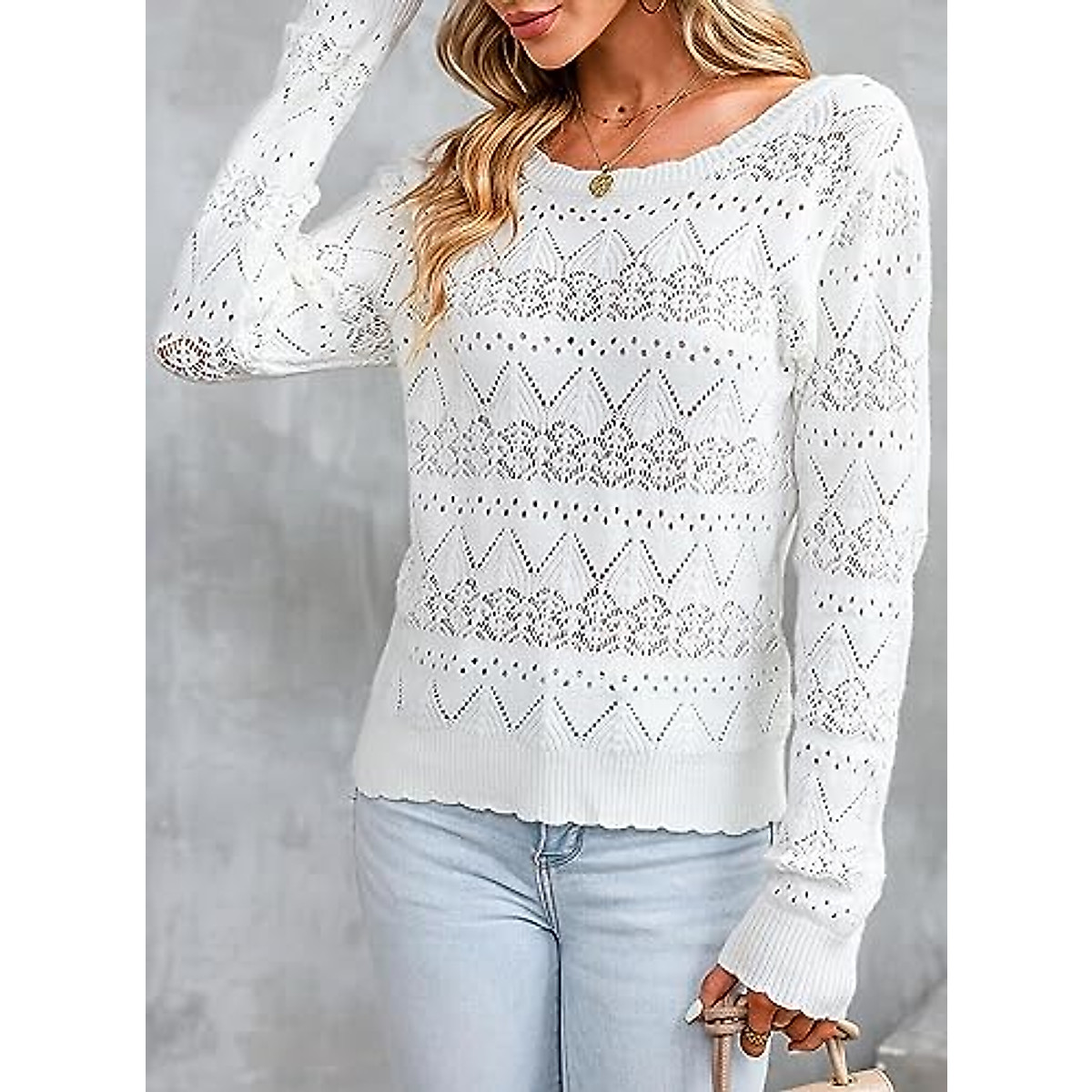 Dokotoo Womens Tops Sweaters Ladies V Neck Pullover Stylish Casual 2023 Fall Winter Long Sleeve Oversized Lightweight Comfy Cable Knit Pullover Cropped White