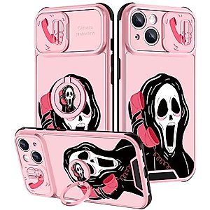 Goocrux (2in1 for iPhone 14 Case Skull Skeleton for Women Girls Cute Girly Phone Cover Cool Funny Gothic Design with Slide Camera Cover+Ring Holder Cases for iPhone14 6.1 inch