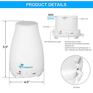 Diffuserlove 2 Pack 200ml Essential Oil Diffuser Ultrasonic Aromatherapy Diffuser Cool Mist Humidifiers with 7 Color LED Lights & Waterless Auto Shut-Off for Home Office Kitchen Bedroom