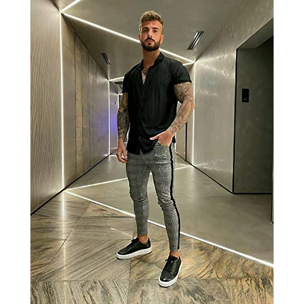 CANGHPGIN Mens Plaid Stretch Dress Pants Slim Fit Skinny Chino Pants Tapered Men Checkered Business Casual Pants Gray