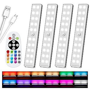Diomart 48 LED Under Cabinet Lighting Wireless, 15 Colors Changeable Rechargeable RGB Under Cabinet Lights Remote Control Under Counter Lights Mini Night Light Bar for Indoor Display Shelf, 4 Pack
