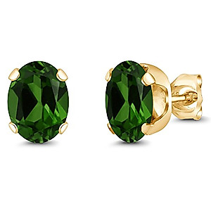Gem Stone King 18K Yellow Gold Plated Silver Green Chrome Diopside Stud Earrings For Women (2.40 Cttw, 8X6MM)