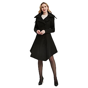 QZUnique Long Trench Pea Coat for Women - Wool Winter Trench Coat Goth Lapel Peacoat Outwear Thick Hood Pea Jacket Trenchcoat